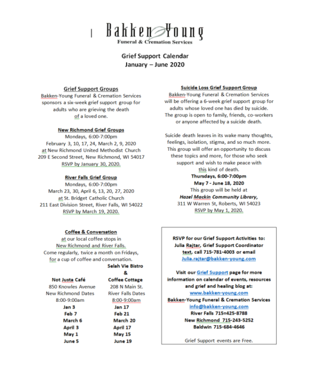 Grief Calendar 2020 Jan - Jun - Bakken Young Funeral Home - River Falls ...